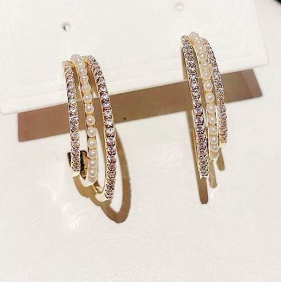 Jewelry | New Yellow Gold Plated Diamond Pearl Triple Hoops | Poshmark